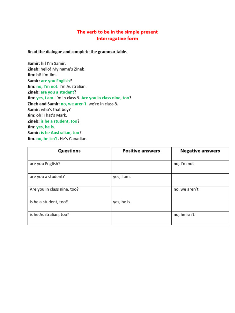 Simple Present "To Be" Interrogatives | PDF