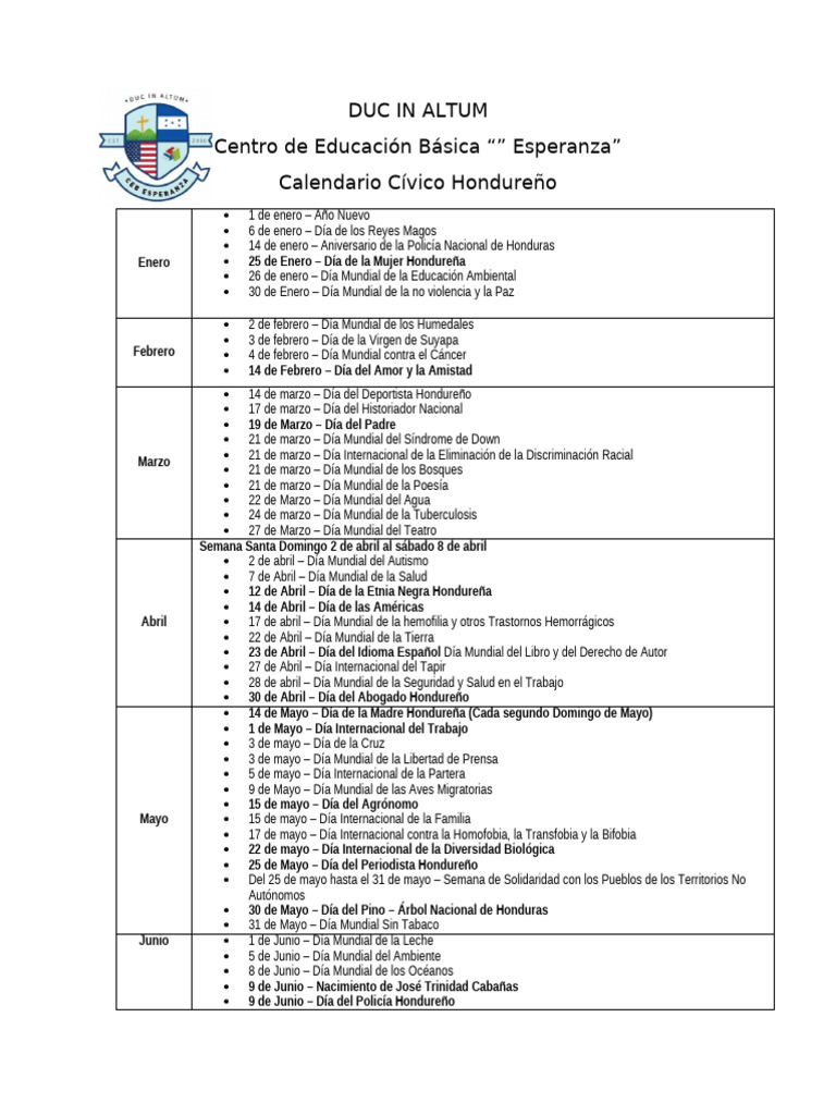 Calendario Civico Hondureño | PDF | Honduras