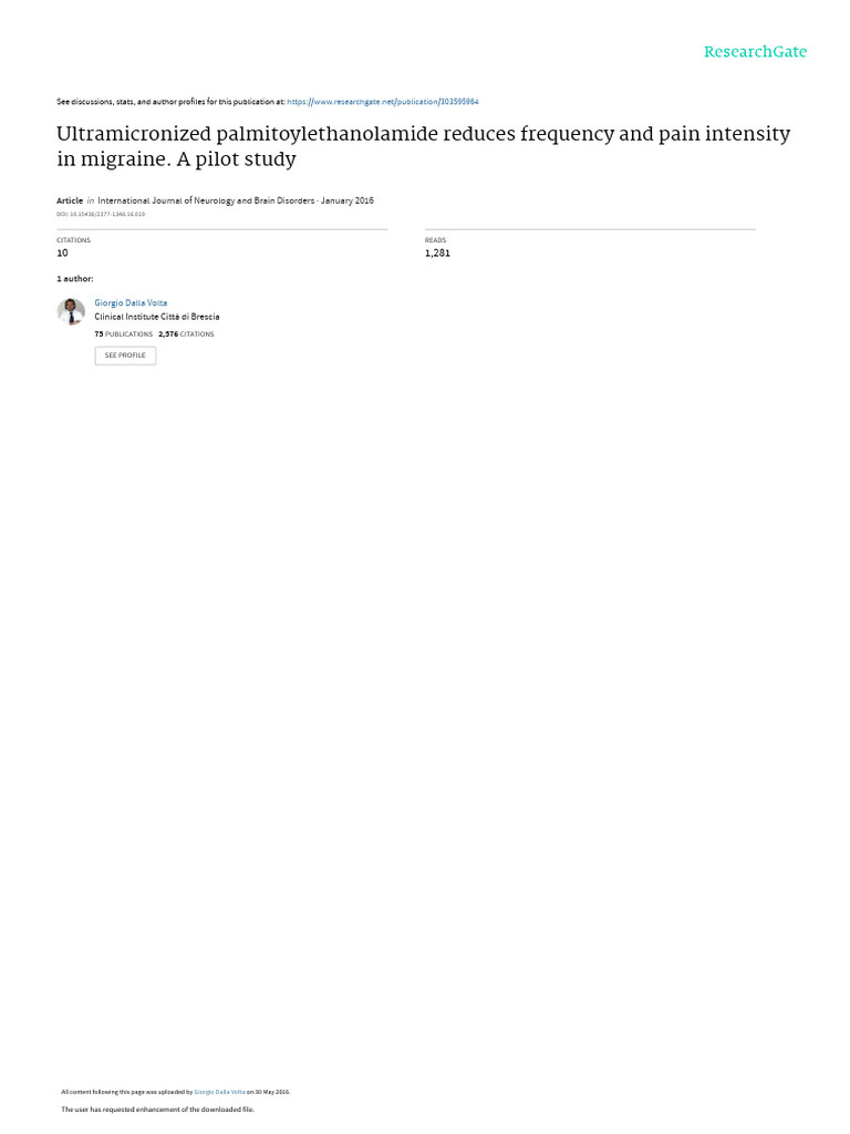 Ultramicronized Palmitoylethanolamide Reduces Freq | PDF | Migraine | Inflammation