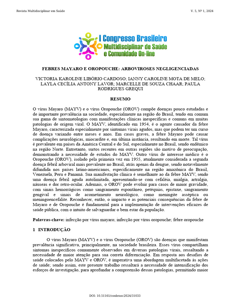 Arboviroses Mayaro e Oropouche no Brasil | PDF | Vírus | Reação em ...