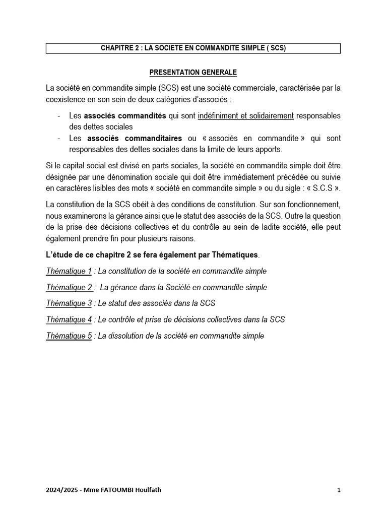 Comprendre la Société en Commandite Simple | PDF