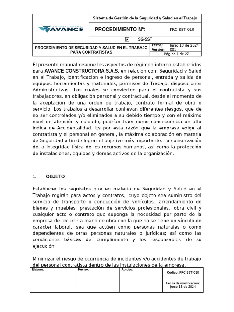 PRC-SST-010 Procedimiento de SST para Contratistas | PDF