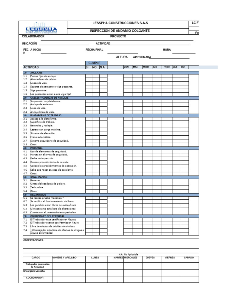 LC-FT-SST-085- Formato de Inpeccion de Andamios Colgantes(2) | PDF LC-FT-SST-085- Formato de Inpeccion de Andamios Colgantes(2) | PDF
