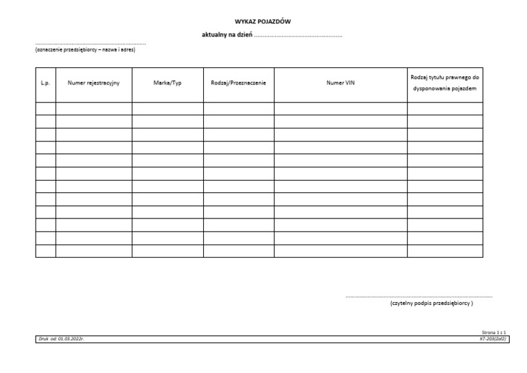 Wykaz Pojazdów | PDF