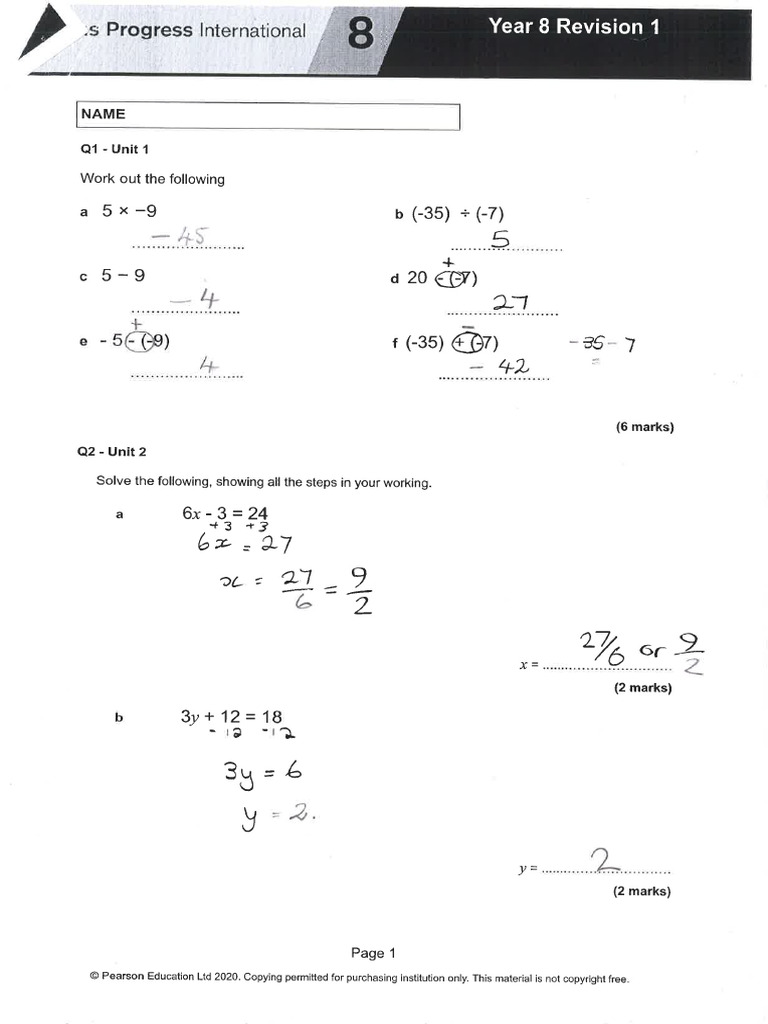 Year 8 Revision 1 MS | PDF