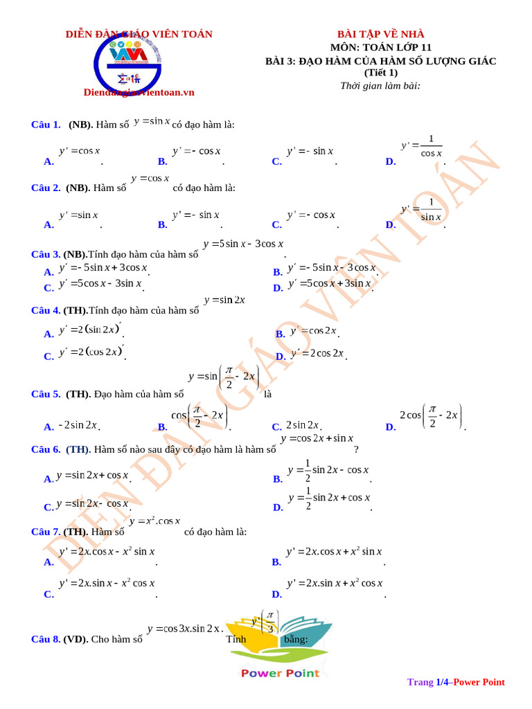 1D5-B3-Đạo hàm của hàm số lượng giác-BTVN-TIẾT 1-Ekip7 | PDF