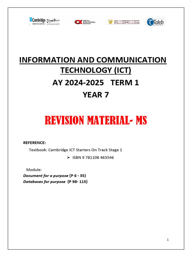 AY 24-25 ICT - T1 - ms-YR 7 | PDF | Databases | Data Type