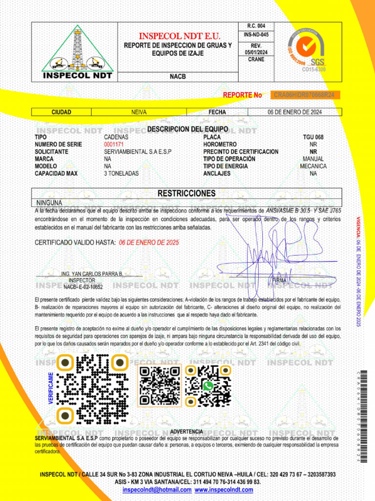 Certificado Estructura Izaje 06-01-2025 | PDF