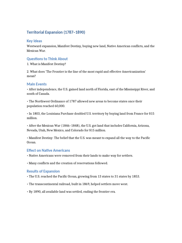 U.S. Territorial Expansion (1787-1890) | PDF