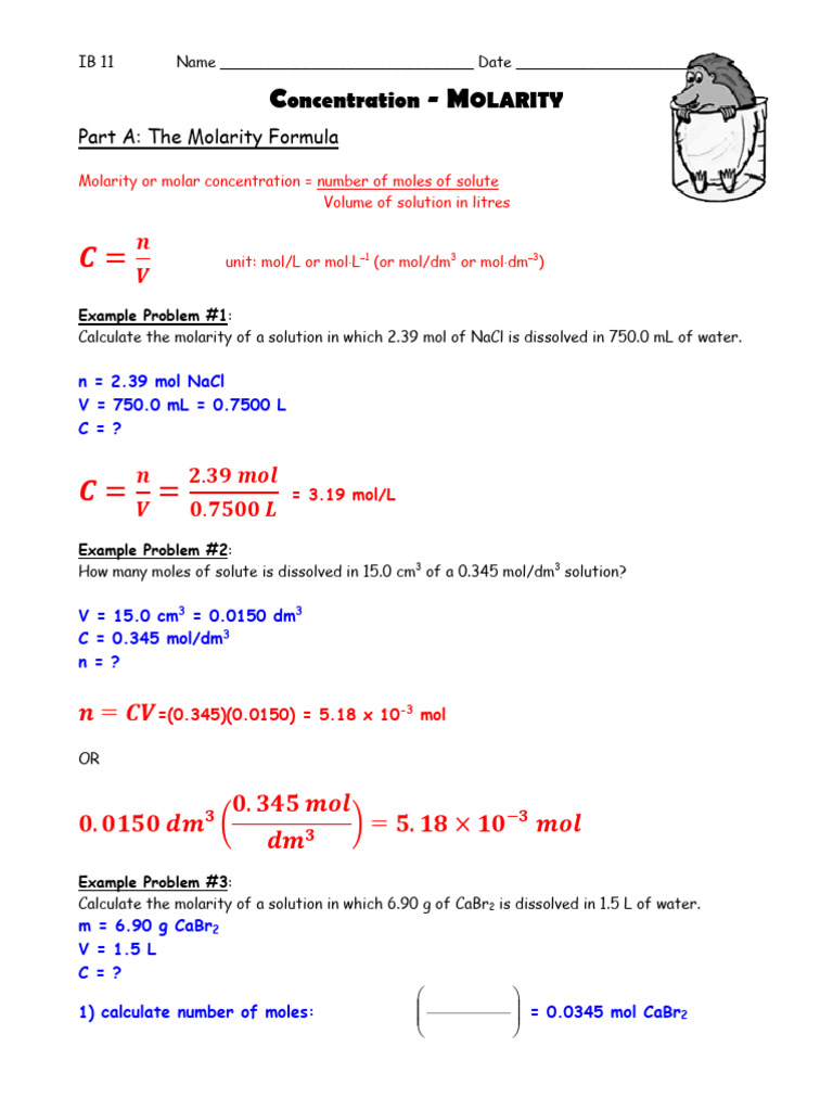 Molar Concentration and Dilution EXAMPLES | PDF | Molar Concentration ...