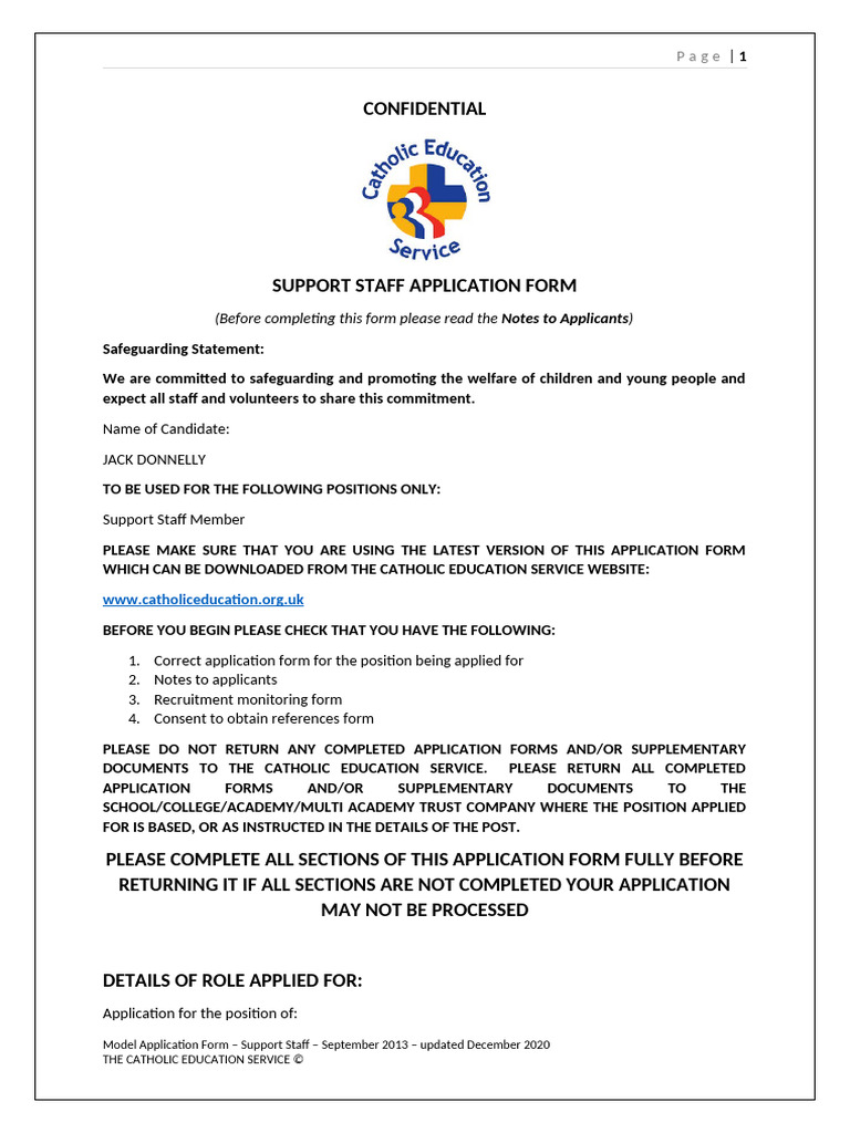 Support Staff Application Form | PDF | Justice | Crime & Violence