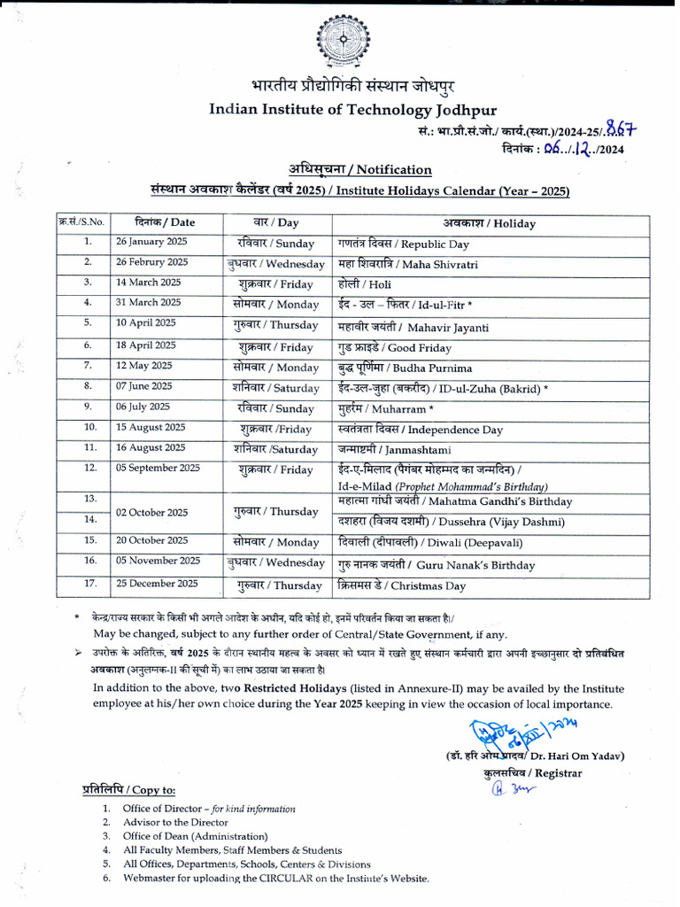 Notification - Institute Holidays Calendar Year-2025 - 867 | PDF
