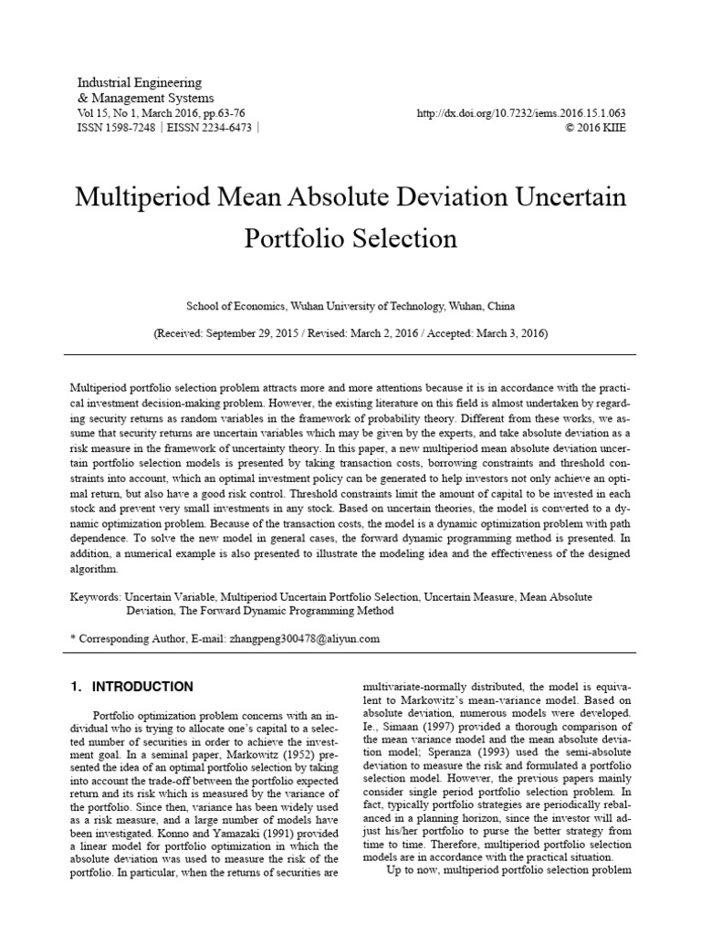 Multiperiod Mean Absolute Deviation Uncertain Portfolio Selectio | PDF | Expected Value ...