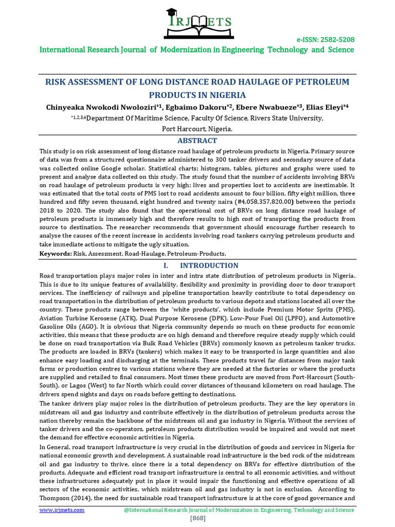 12.RISK ASSESSMENT OF LONG DISTANCE ROAD HAULAGE OF PETROLEUM | PDF ...