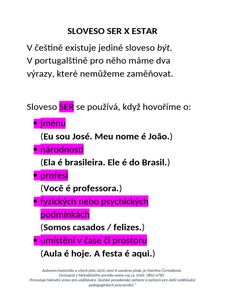 Portugalstina - Sloveso Ser X Estar | PDF