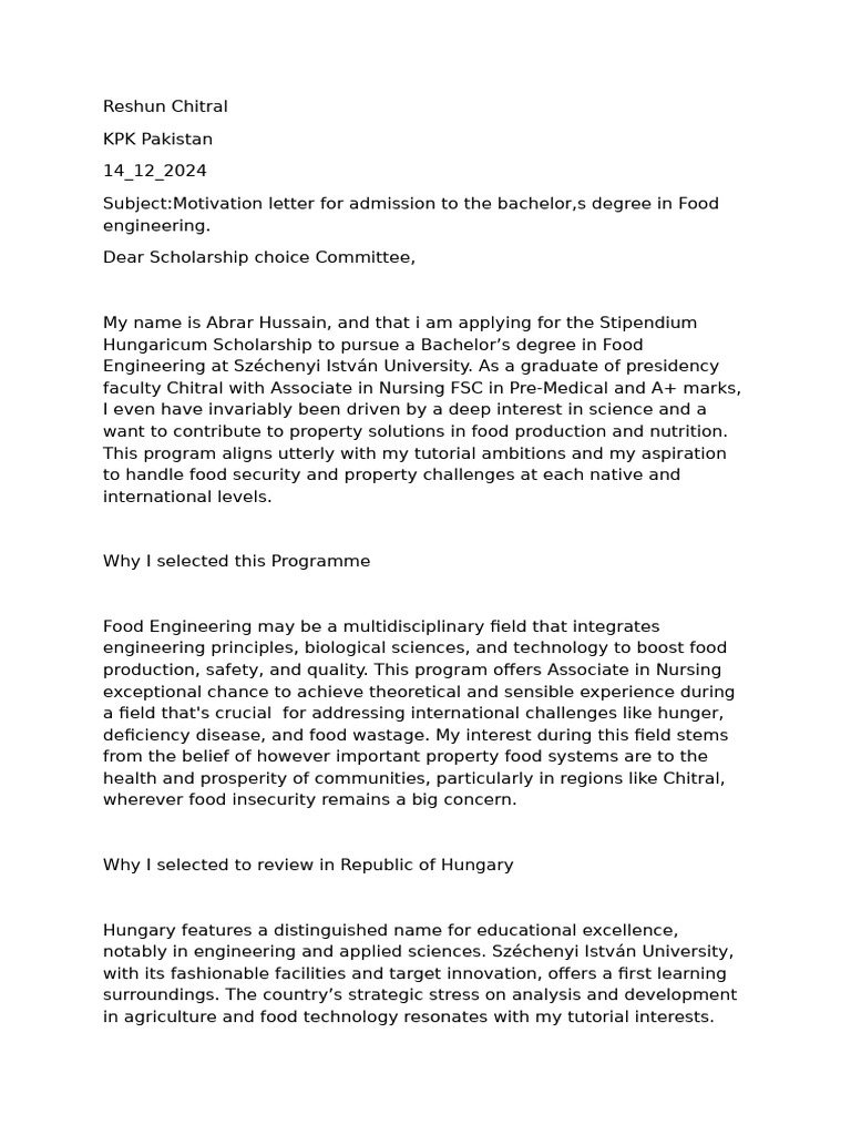 Motivation Letter for Food Engineering Degree | PDF | Food Security ...