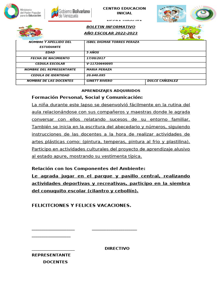 Boleta de Calificaciones Preescolar 2022-2023 | PDF