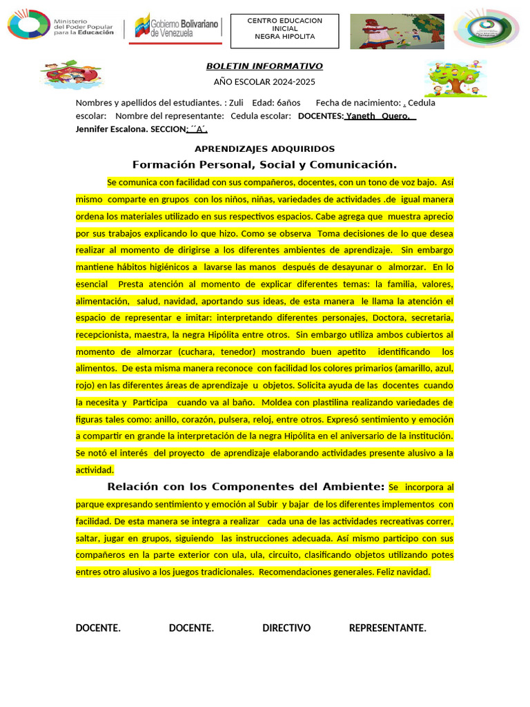 Boletas Yaneth y Yennifer Primer Lapso | PDF | Educación de la primera infancia | Aprendizaje