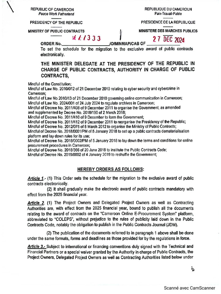 Order Num 333-O-MINMAP-CAB of 27 DEC 2024 To Set The Schedule For The Migration To The Exclusive ...