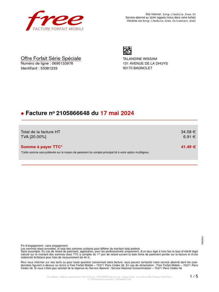 Facture Free Mobile Mai 2024 - Détails | PDF | Taxe sur la valeur ...
