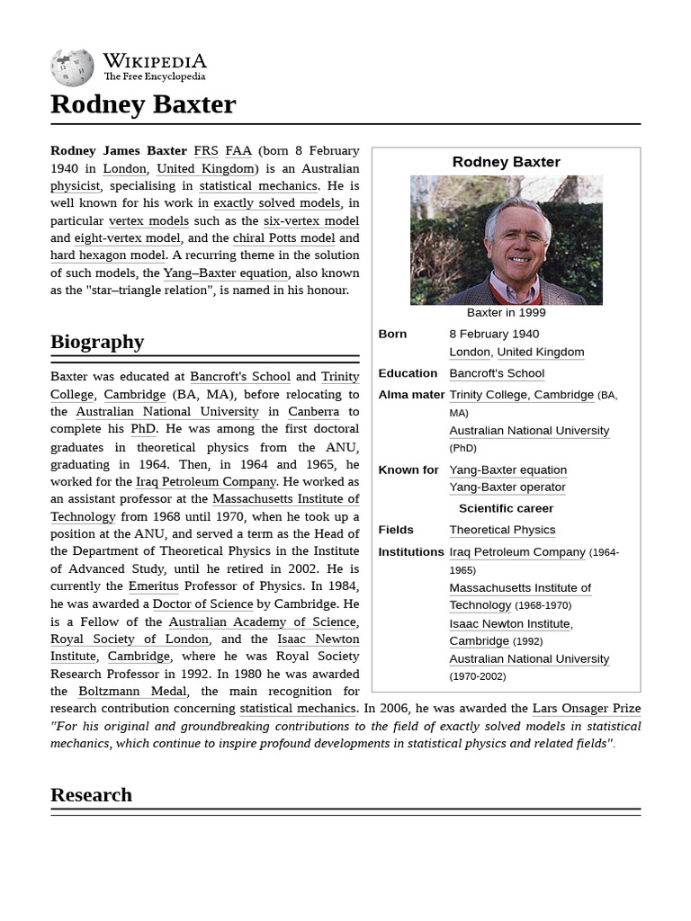 Rodney_Baxter | PDF | Applied Mathematics | Mathematical Physics