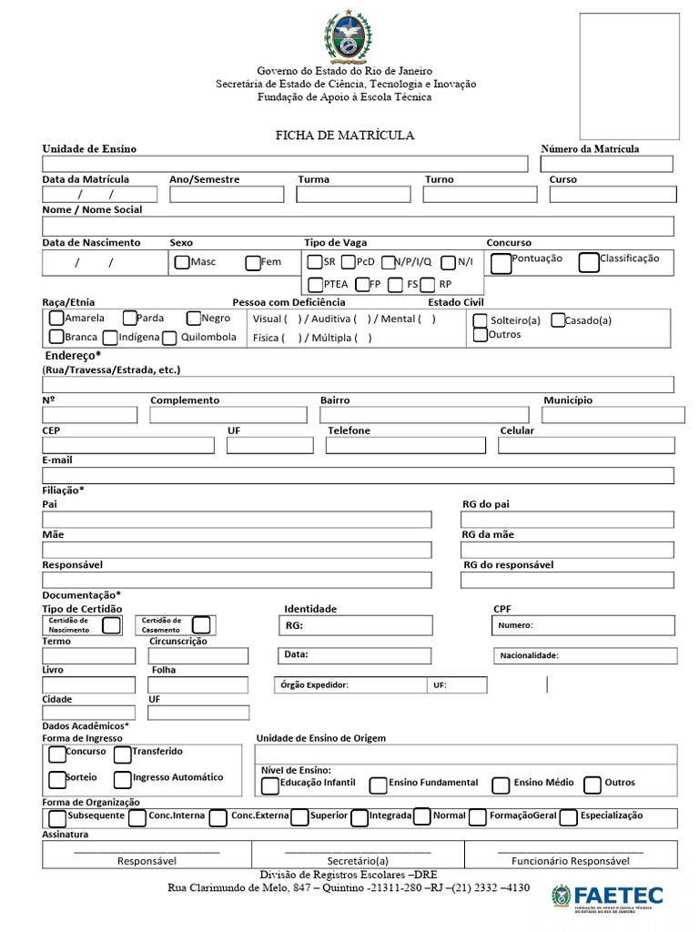 Ficha de Matrícula - 2025.1 | PDF