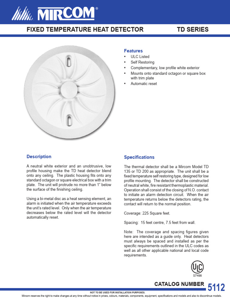 MIRCOM Detector de Calor 57 Y 94 Grados Centigrados TD-135-200 | PDF ...