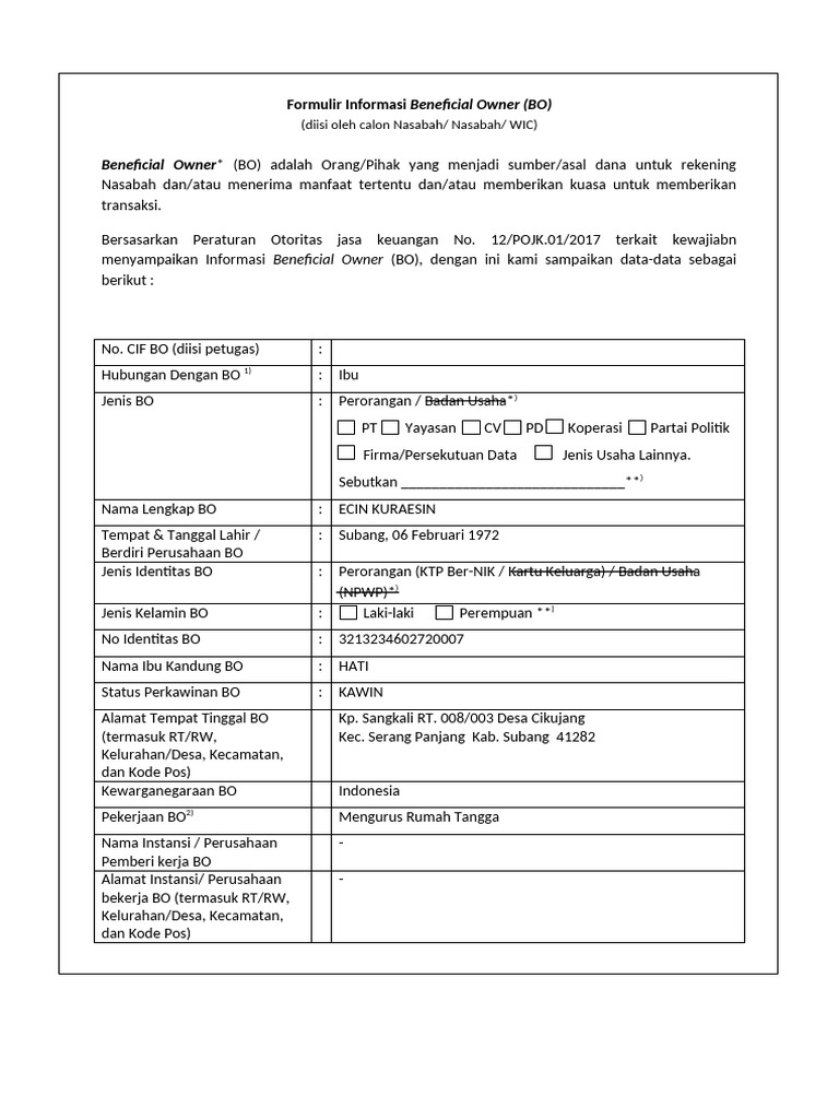 Formulir Informasi Beneficial Owner | PDF