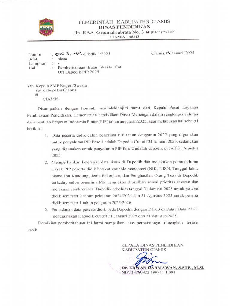 Pemberitahuan Batas Waktu Cut Off Dapodik PIP 2025 - SMP | PDF