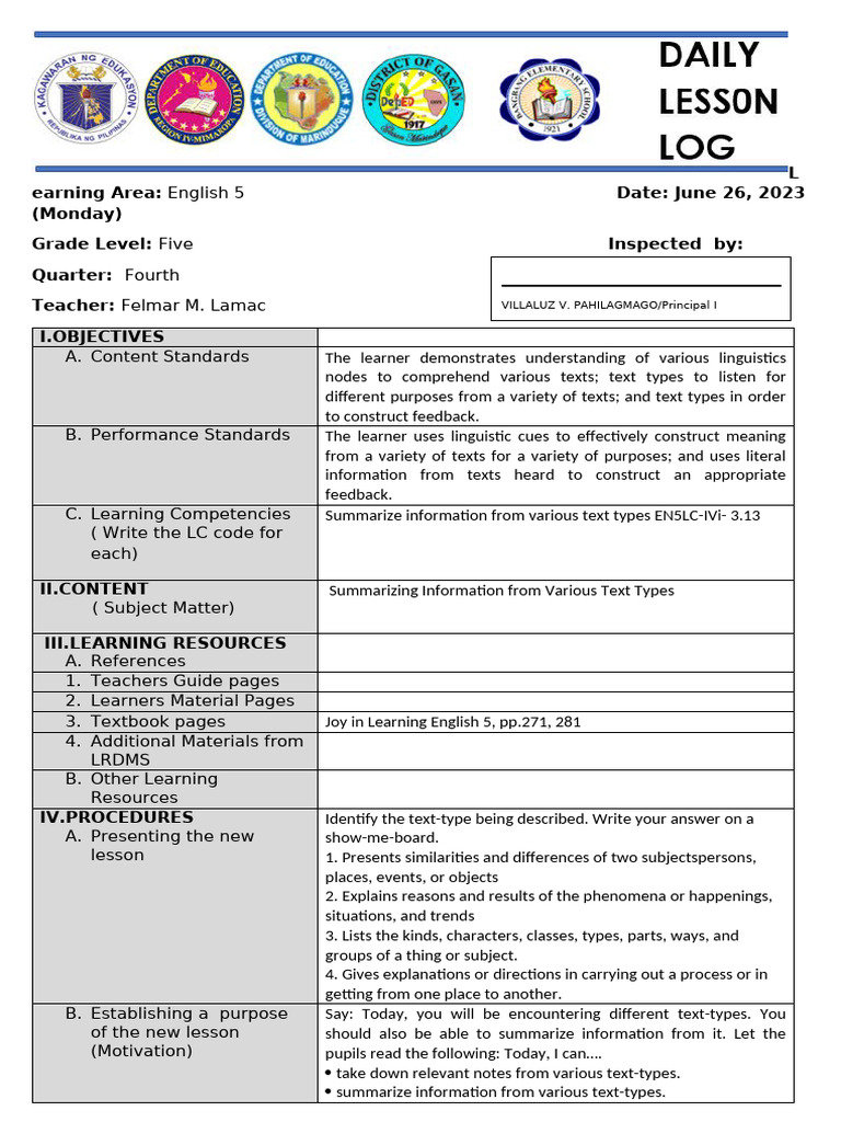 dll eng5 q4w9 | PDF | Learning | Teachers