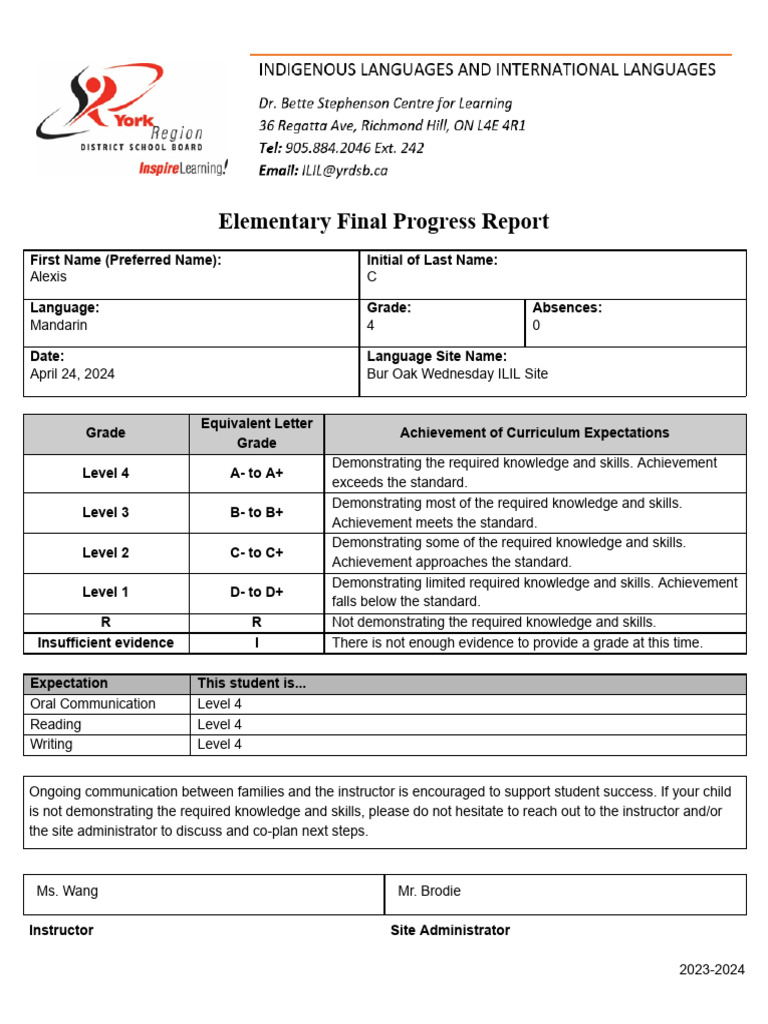 Elementary ILIL FINAL Progress Report - 2023-2024 Alexis C | PDF