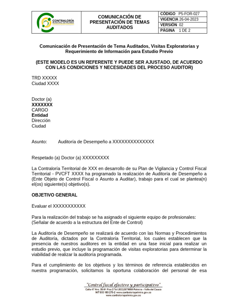 P5-FOR-027 Modelo 11 - Comunicacion Presentacion Temas Auditados V2 ...