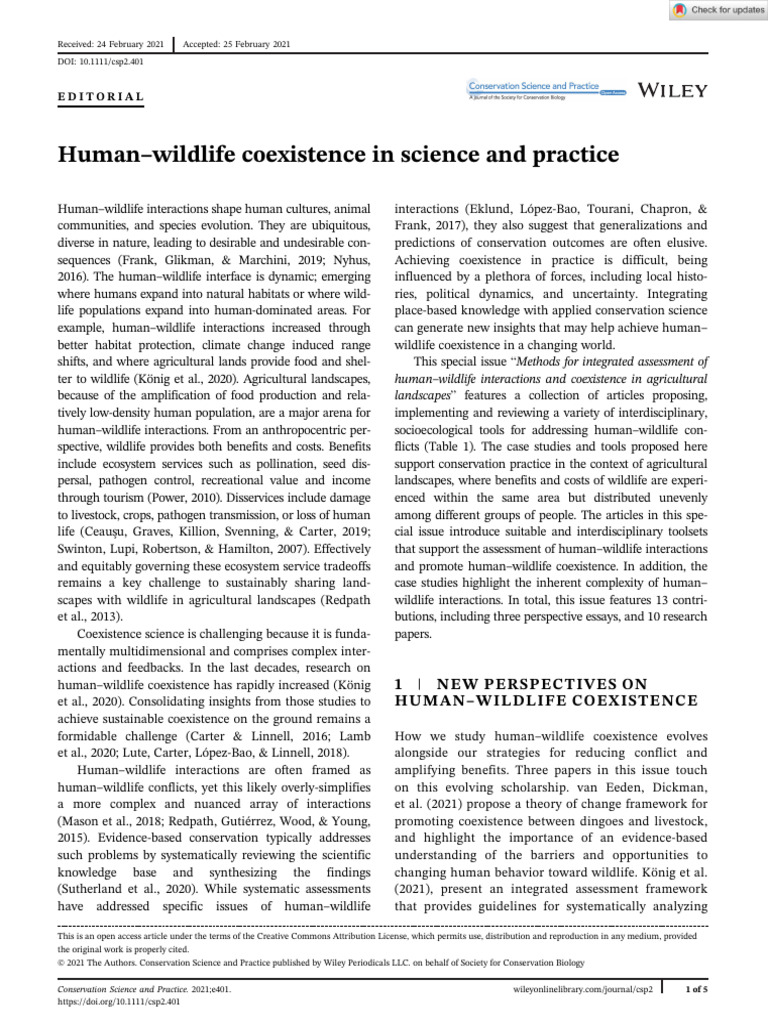 König Et Al. 2021. Human-Wildlife Coexistence in Science and Practice ...