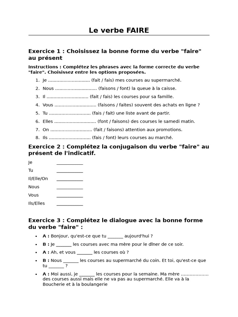 Exercices sur le verbe "faire" au présent | PDF
