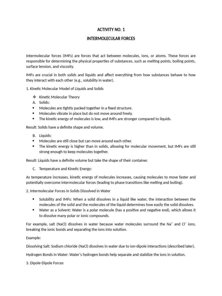 ACTIVITY NO. 1 CHEM 2 STEM | PDF | Intermolecular Force | Chemical Polarity