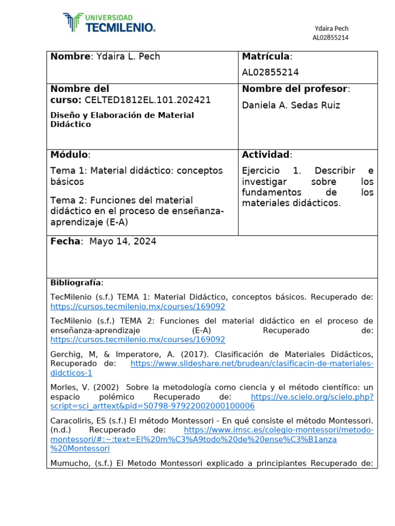 Ejercicio 1 Diseño y Elaboracion de Mateerial Didactico May 2024 Ydaira_Pech-1 | PDF ...