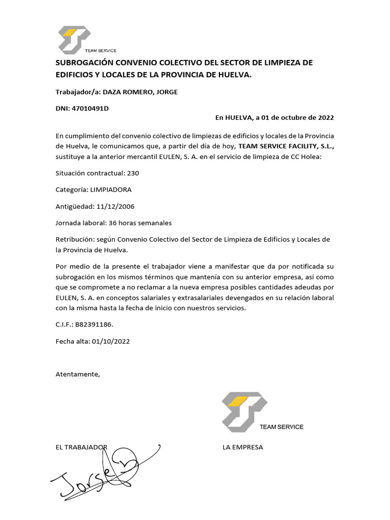 Carta de Subrogación de Limpieza Huelva | PDF