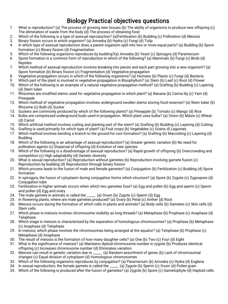 Biology Objectives Practice | PDF | Meiosis | Reproductive System