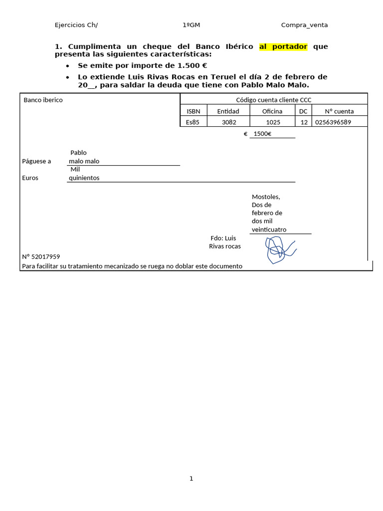 1.-Ejercicios Cheques - Enunciado | PDF | Cheque