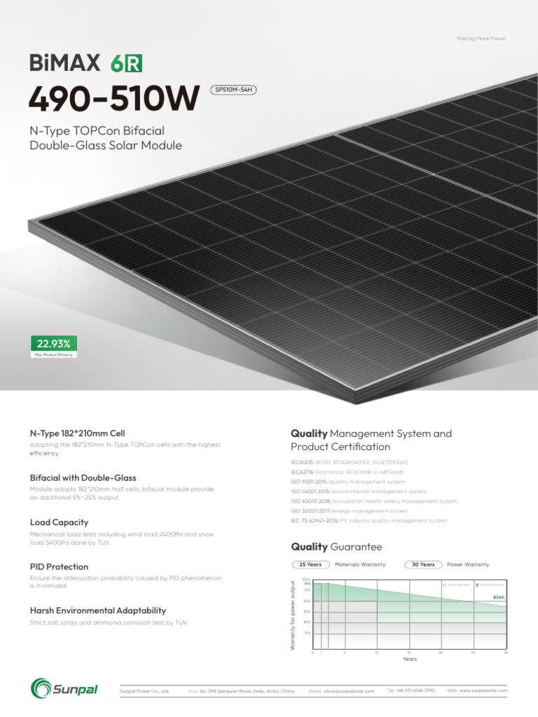 BiMAX 6R 490-510W N Type TOPCon Bifacial Double-Glass Solar Module | PDF | Solar Panel ...
