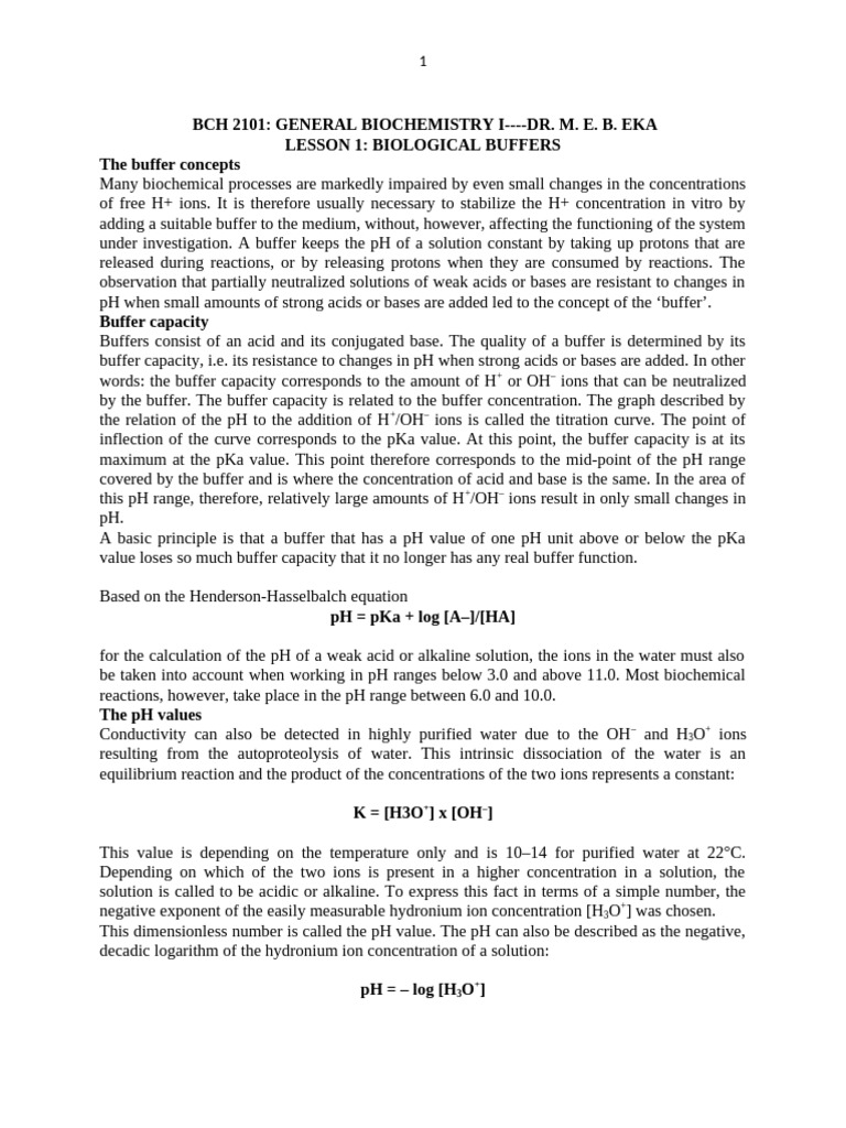 BCH 201 LESSON 1 BIOLOGICAL BUFFERS | PDF | Acid Dissociation Constant | Gel Electrophoresis