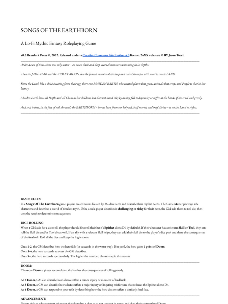 Songs of the Earthborn – a Lo-Fi Mythic Fantasy RPG – Minimalist v0.2 ...
