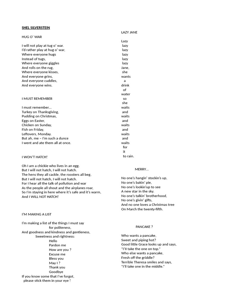 Shel Silverstein Poems for Kids | PDF