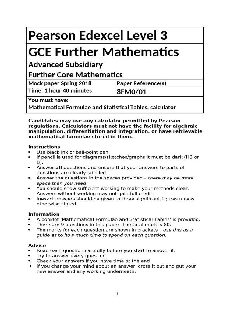 01a As Further Core Maths 8fm0 01 Paper Pdf Mathematics Matrix