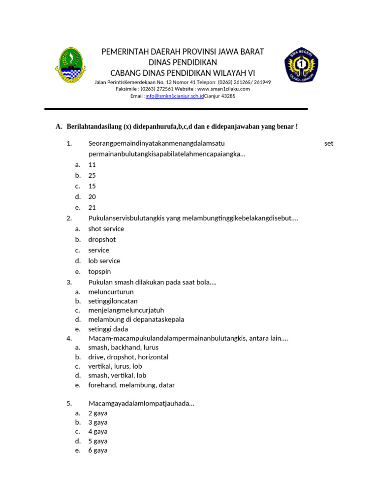 Kisi Kisi Soal Psas Pjok X | PDF