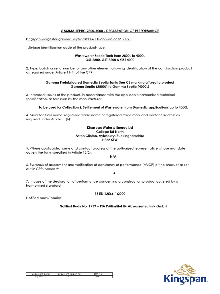 Kingspan Klargester Gamma Septic 2800 4000 Dop en Oct2021 v1 | PDF ...