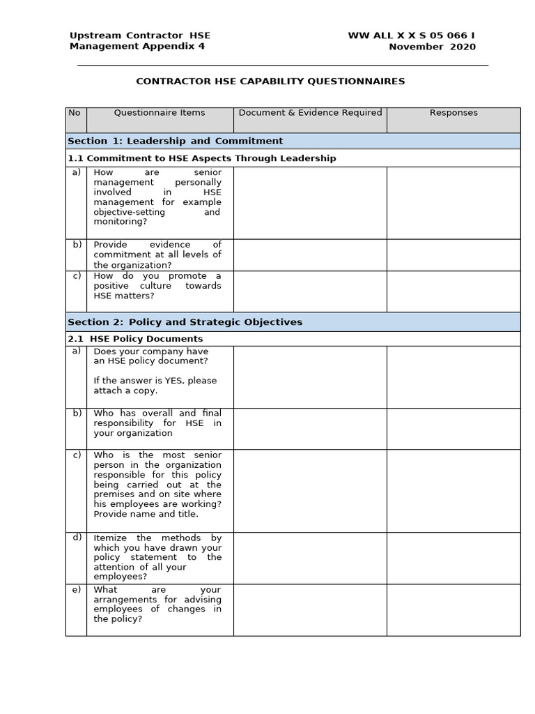 Hse Capability Evaluation Questinnaire | PDF | Audit | Hazards
