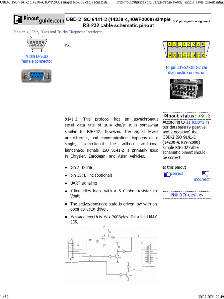 OBD-2 ISO 9141-2 (14230-4, KWP2000) Simple RS-232 Cable Schematic ...
