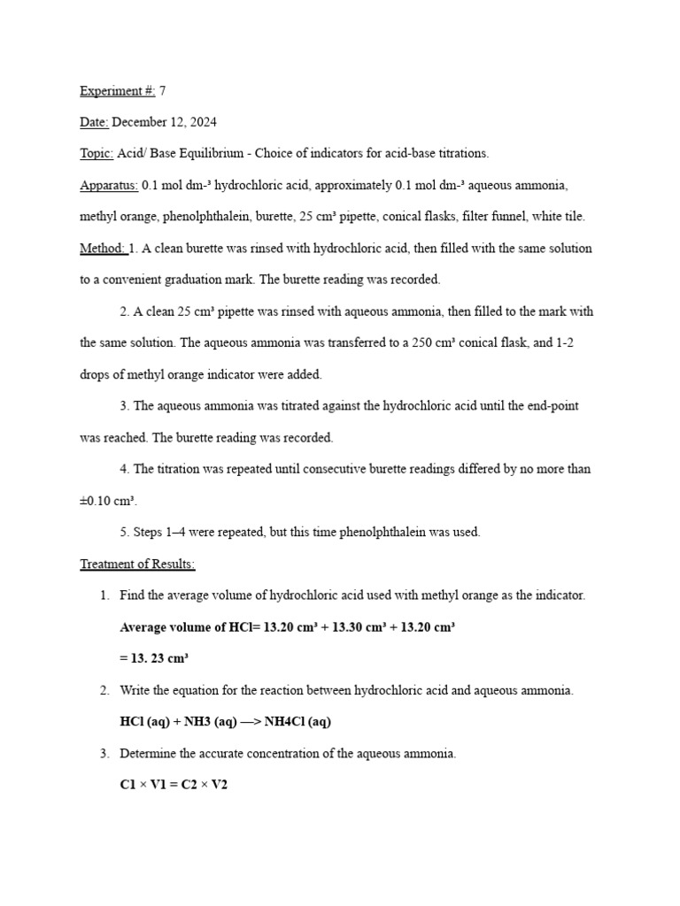 Chemistry - Experiment # - 7 | PDF | Titration | Chemistry