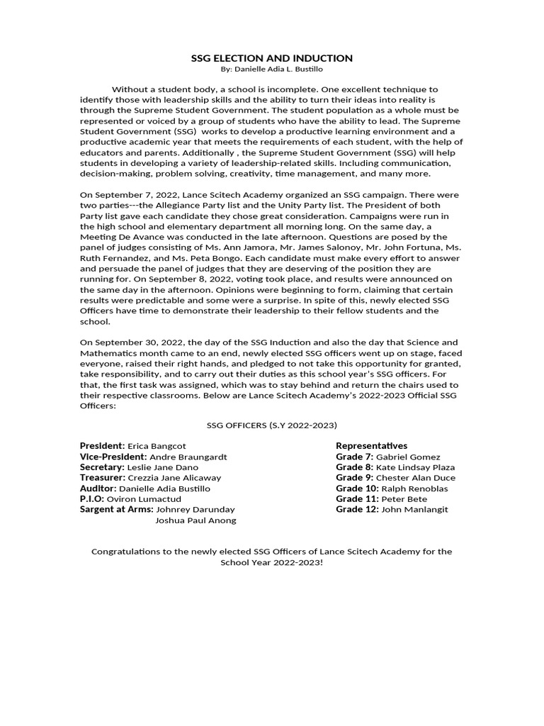 SSG Election and Induction | PDF | Cognition